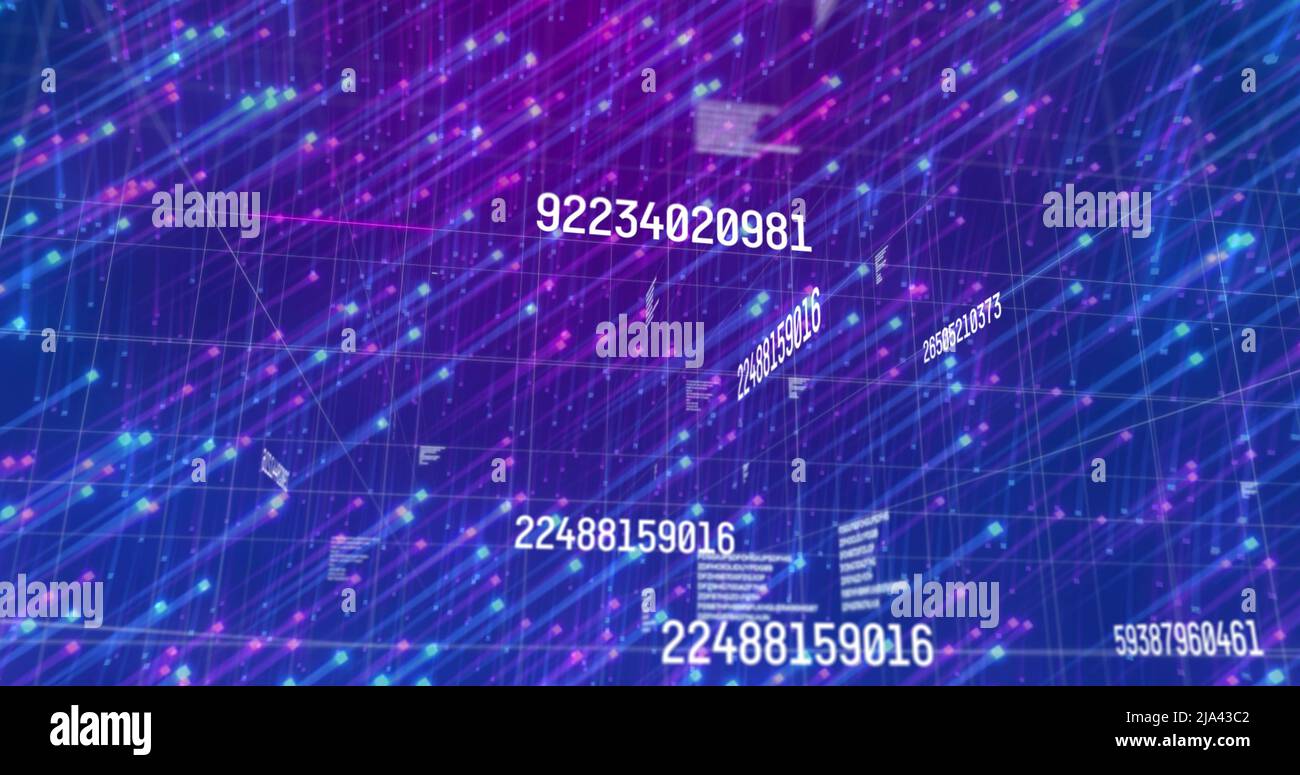 Image of changing numbers over moving blue and pink lights Stock Photo ...