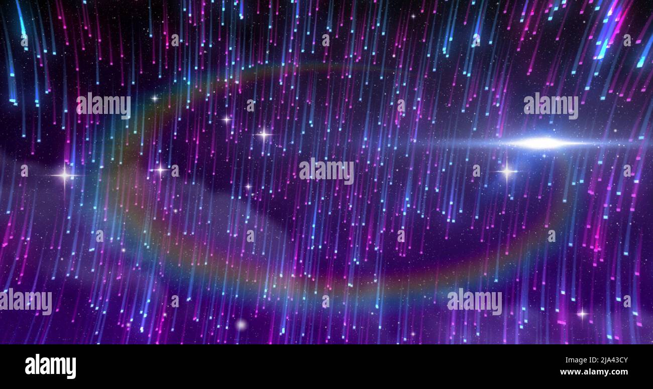Image of stars moving over black background with pink and blue falling ...