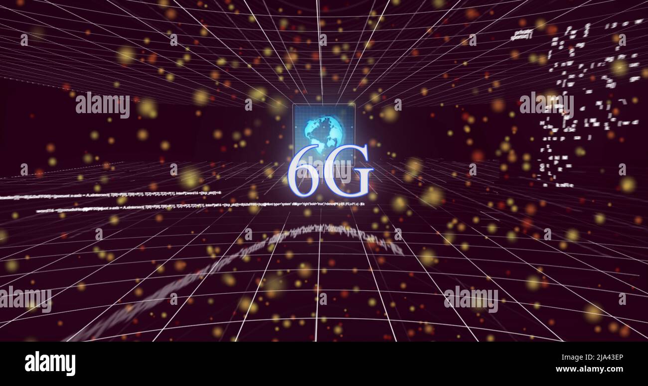 Image of 6g, dots and data processing moving over brown background ...