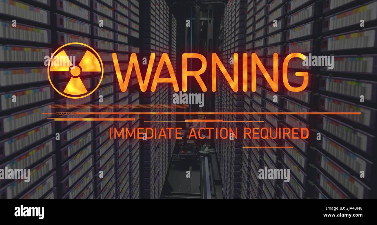 Image of warning text and symbol over server room Stock Photo - Alamy
