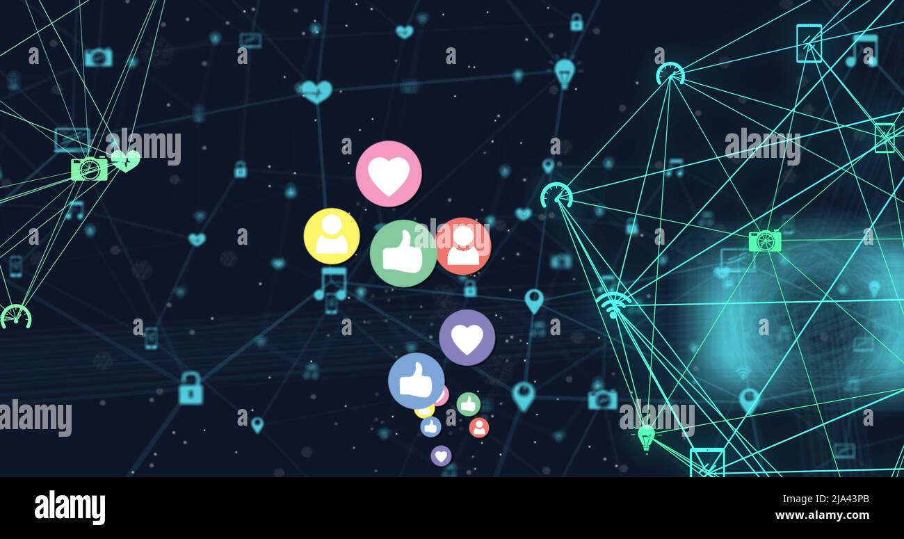 Image of emoji icons over networks of connections on black background ...