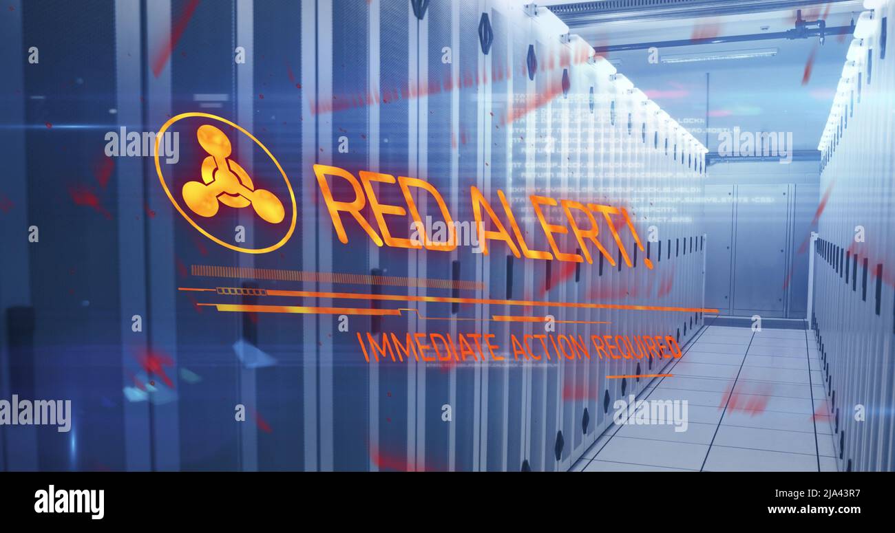 Image of red alert text and symbol over server room Stock Photo - Alamy