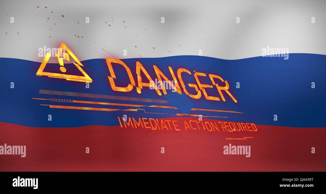 Image of danger text and symbol over flag of russia Stock Photo - Alamy