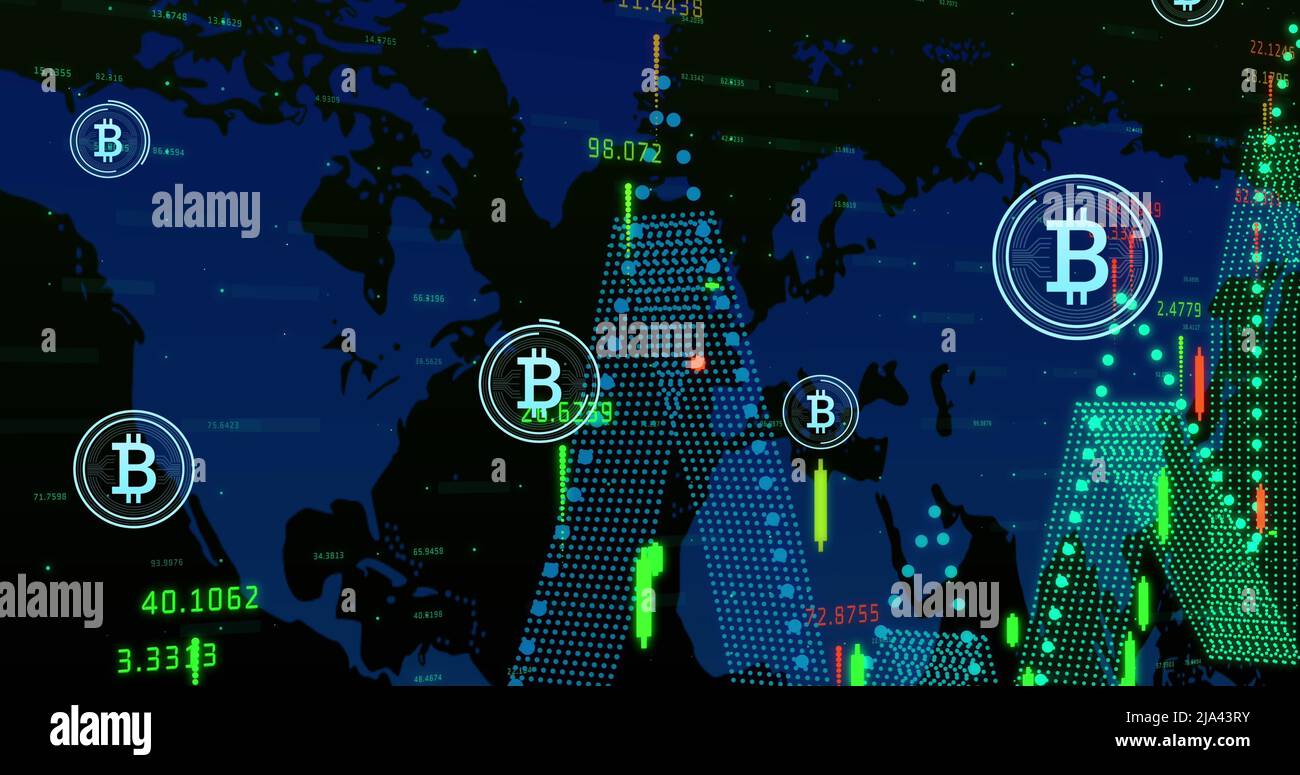 Image of data processing and bitcoin symbol over black background Stock ...
