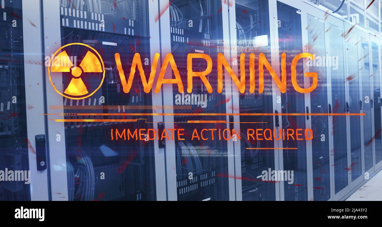 Image of warning text and symbol over server room Stock Photo - Alamy
