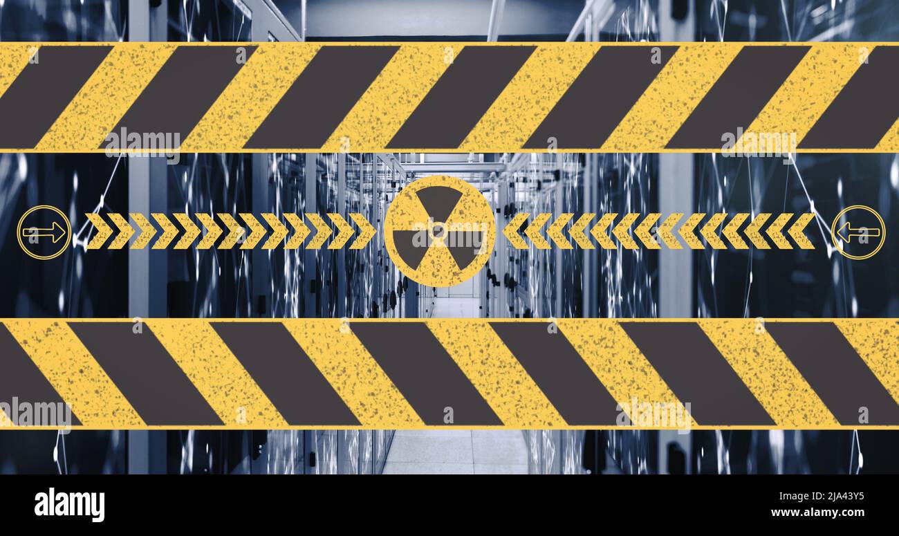 Image of nuclear symbol over shapes and server room Stock Photo - Alamy