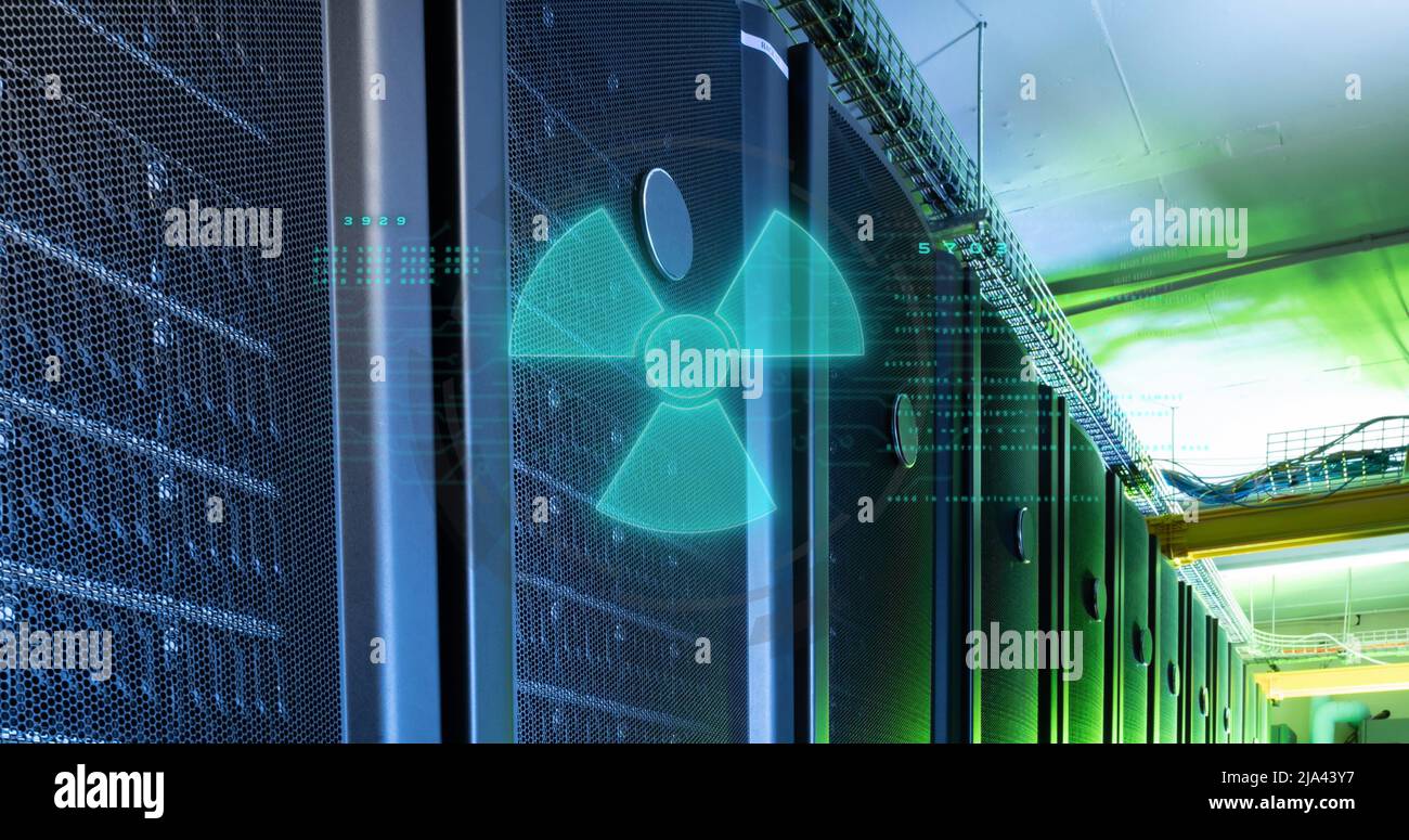 Image of nuclear symbol over data processing and server room Stock ...