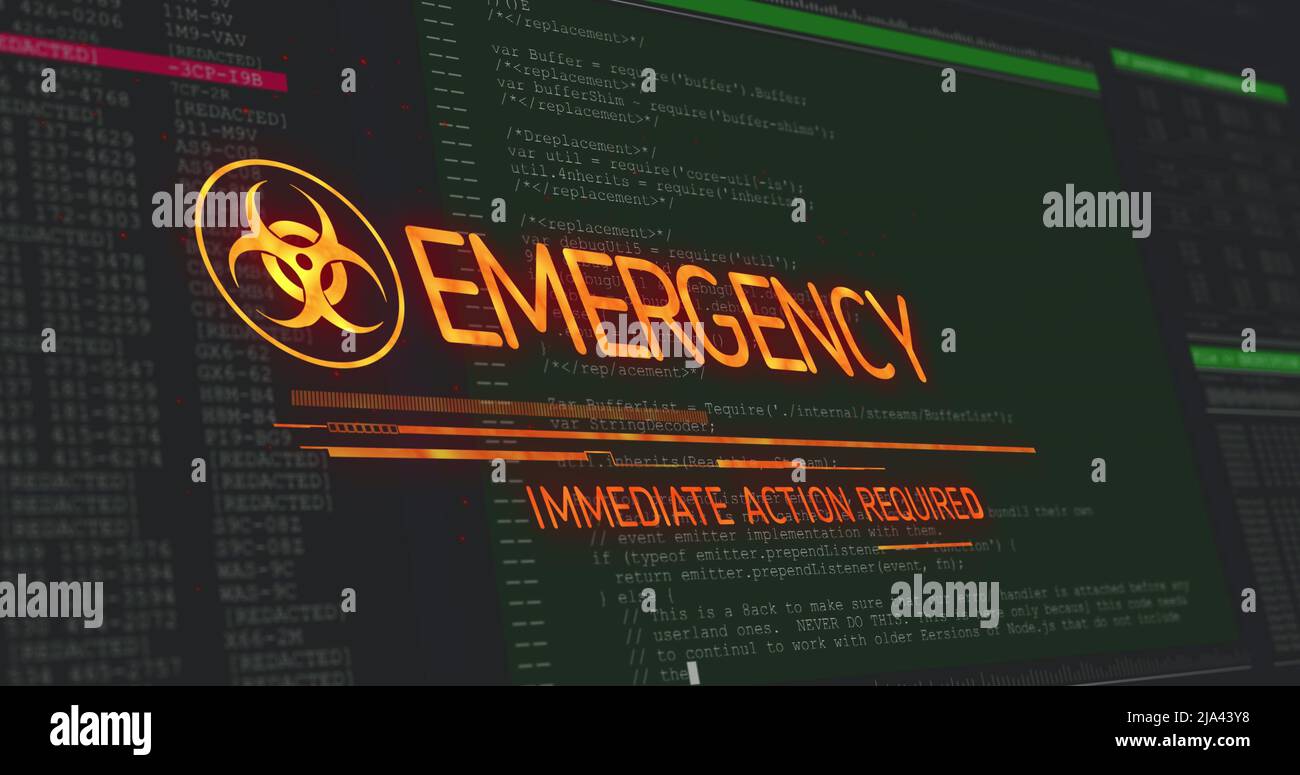 Image of emergency text and symbol over data processing Stock Photo - Alamy