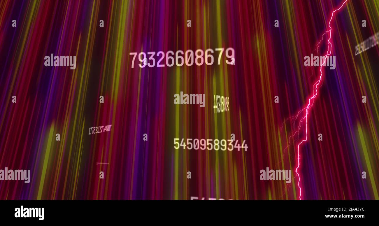 Image of numbers and lightening on multicolour changing background ...