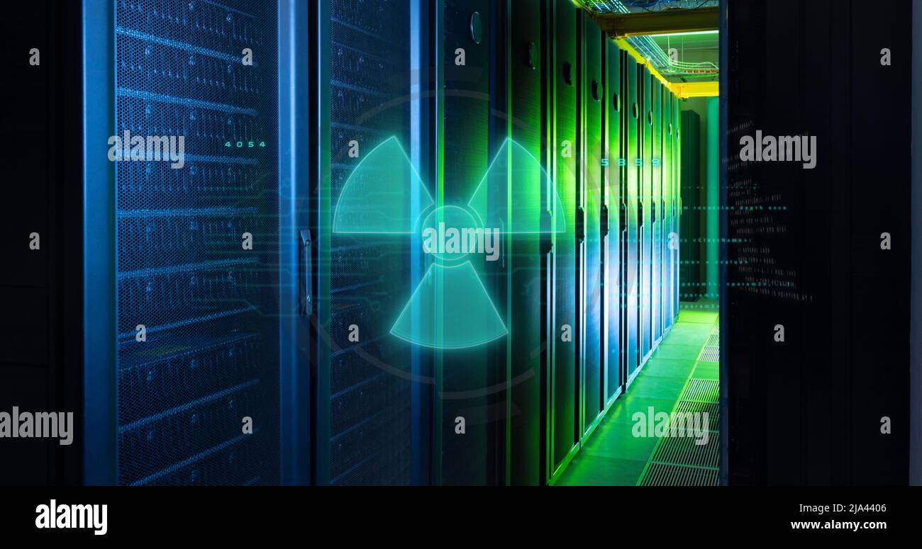 Image of nuclear symbol over data processing and server room Stock ...