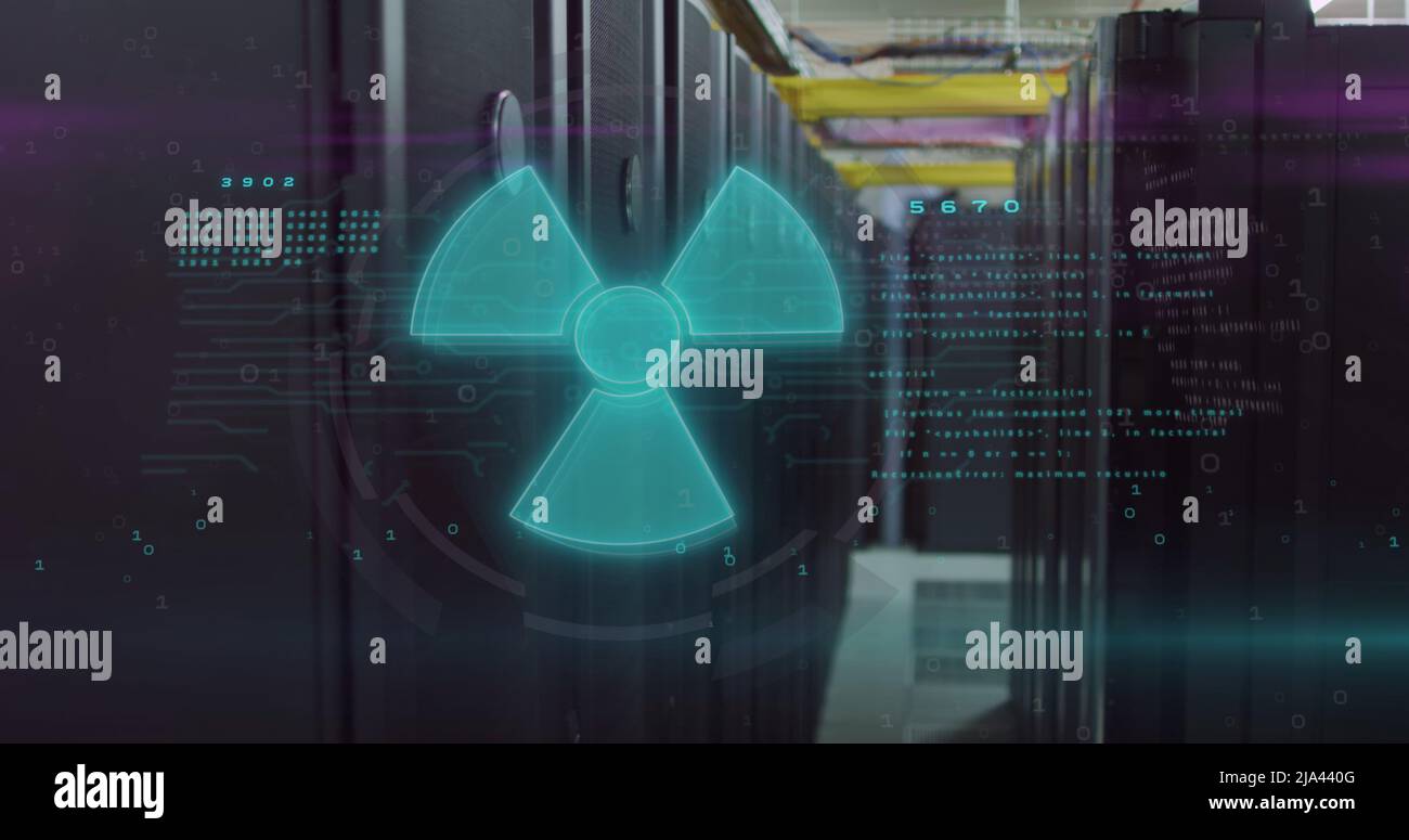 Image of nuclear symbol over data processing and server room Stock ...