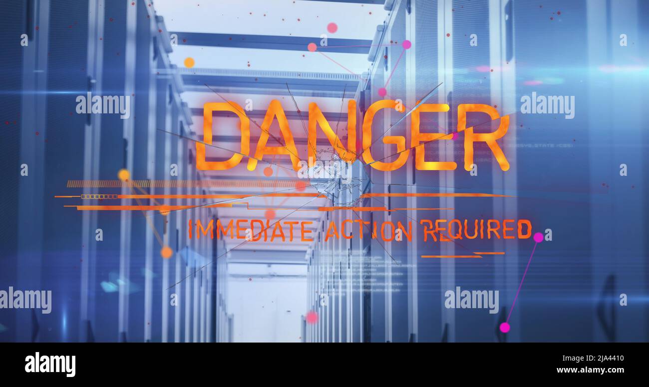 Image of danger text and symbol over server room Stock Photo - Alamy