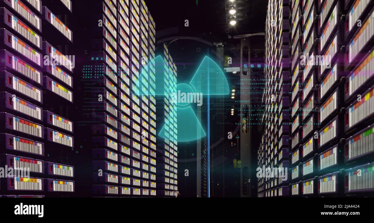 Image of nuclear symbol over data processing and server room Stock ...