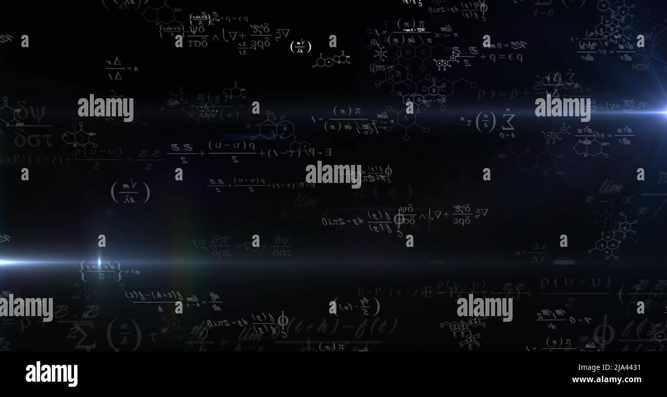 Image of mathematical equations and light spots on black background ...