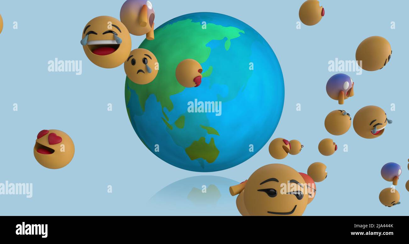 Image of emoji icons over globe on blue background Stock Photo - Alamy