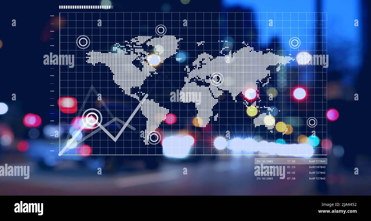 Image of data processing and world map over road Stock Photo - Alamy
