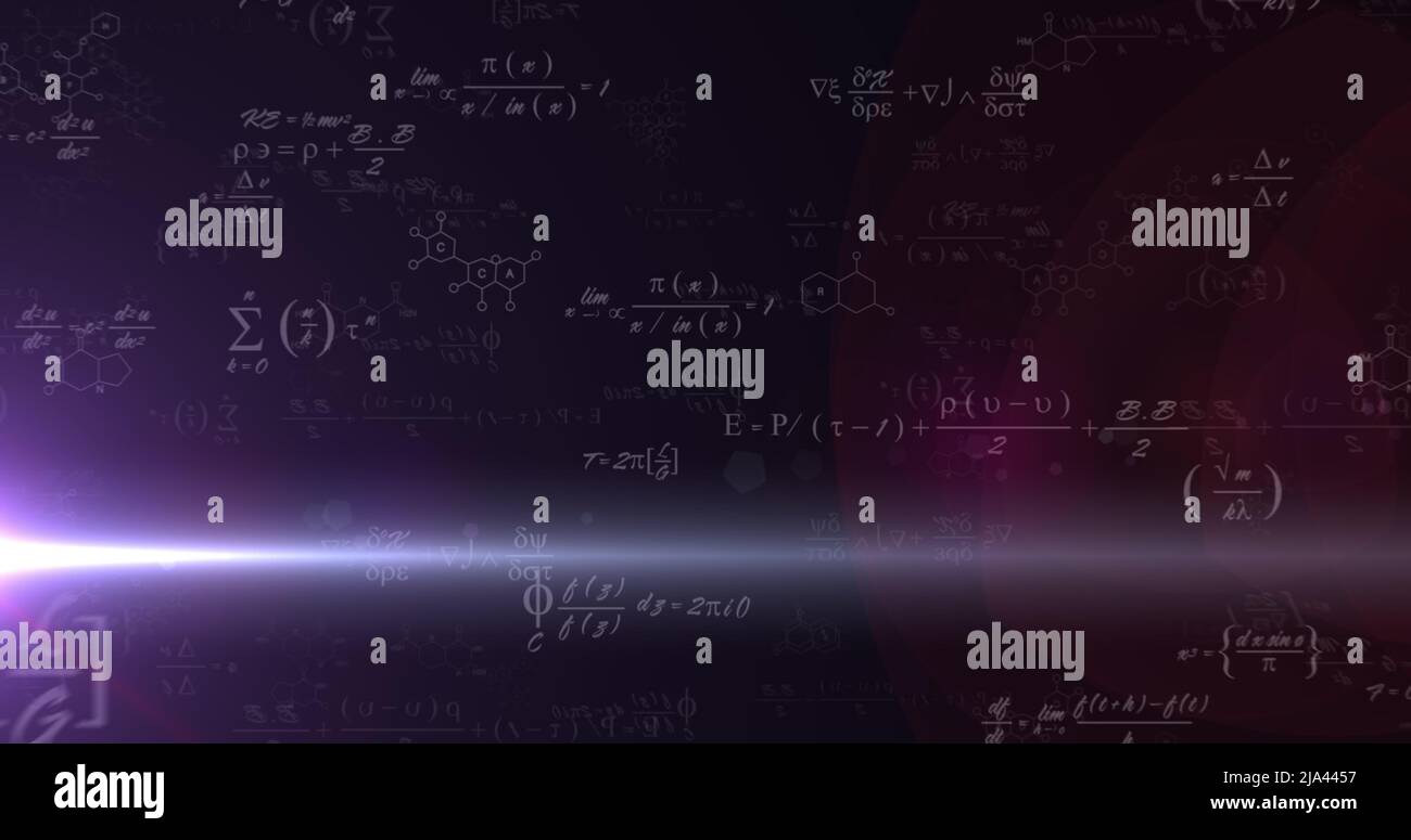 Image of mathematical equations and light trail on black background ...