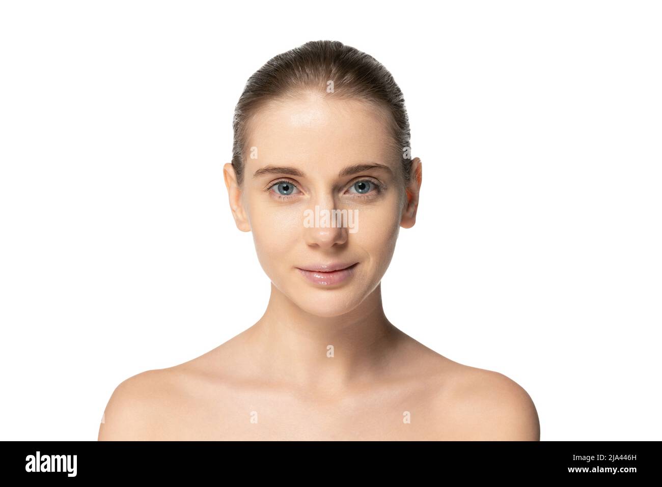 Portrait of young beautiful girl with no makeup face looking at camera ...