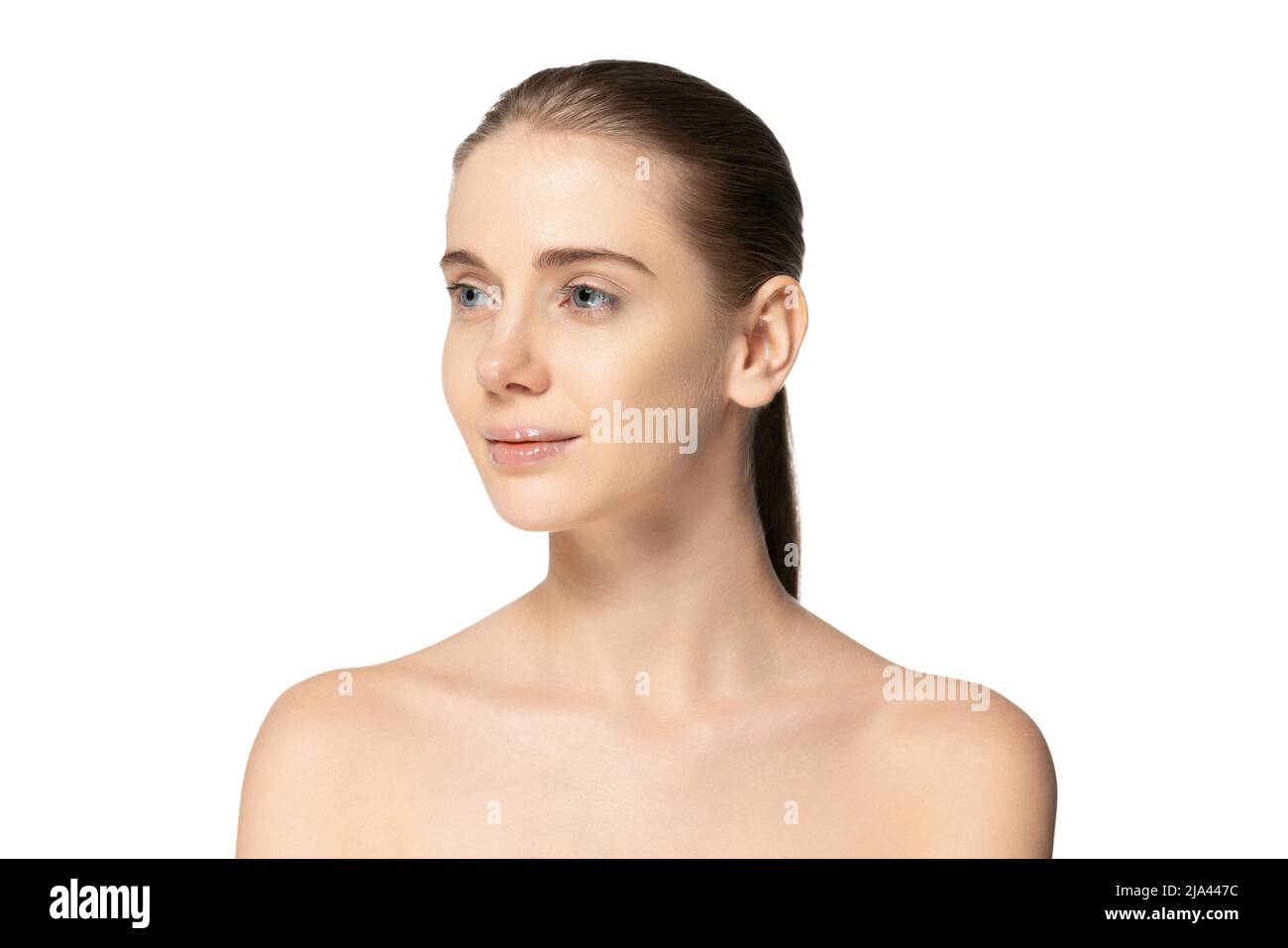 Portrait of young tender girl with perfect clear skin looking away ...