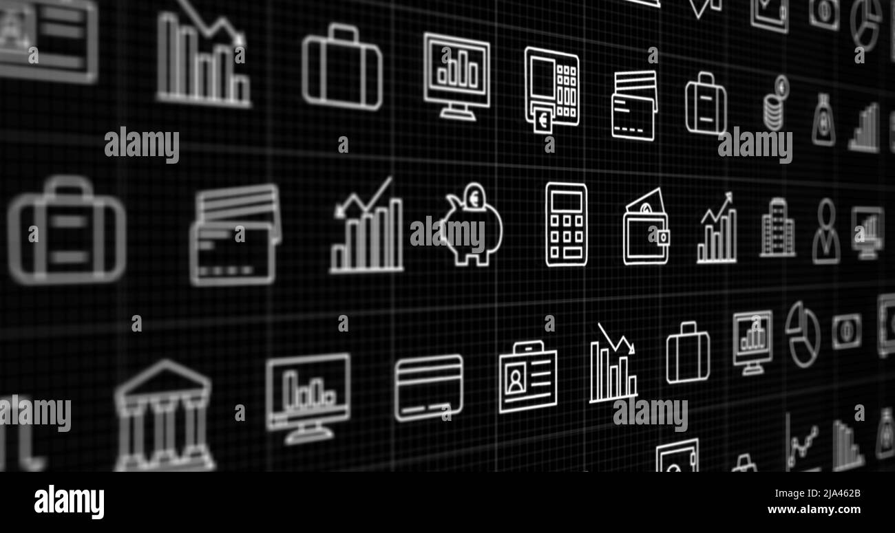 Image of rows of business icons moving on black background Stock Photo ...