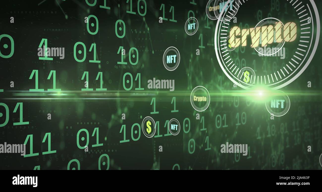 Image of rows of binary coding, currency and cryptocurrency symbols ...