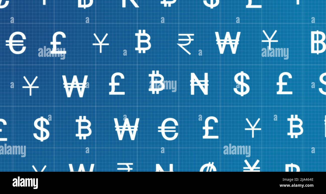 Image of rows of currency signs moving on blue background Stock Photo ...