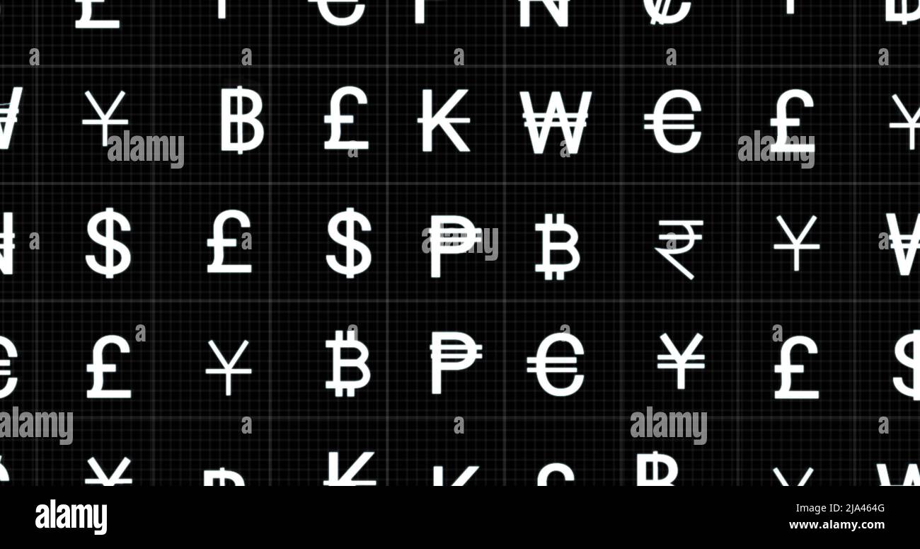 Image of rows of currency signs moving on black background Stock Photo ...