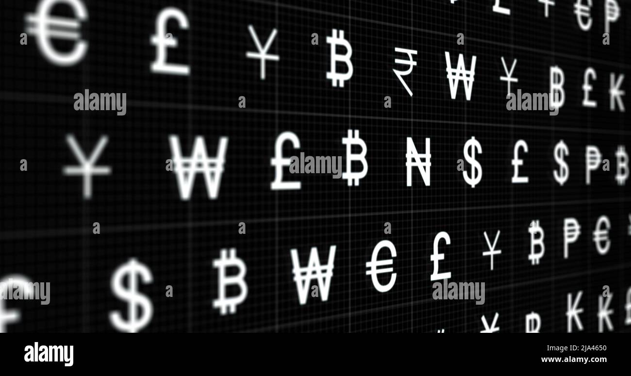 Image of rows of currency signs moving on black background Stock Photo ...