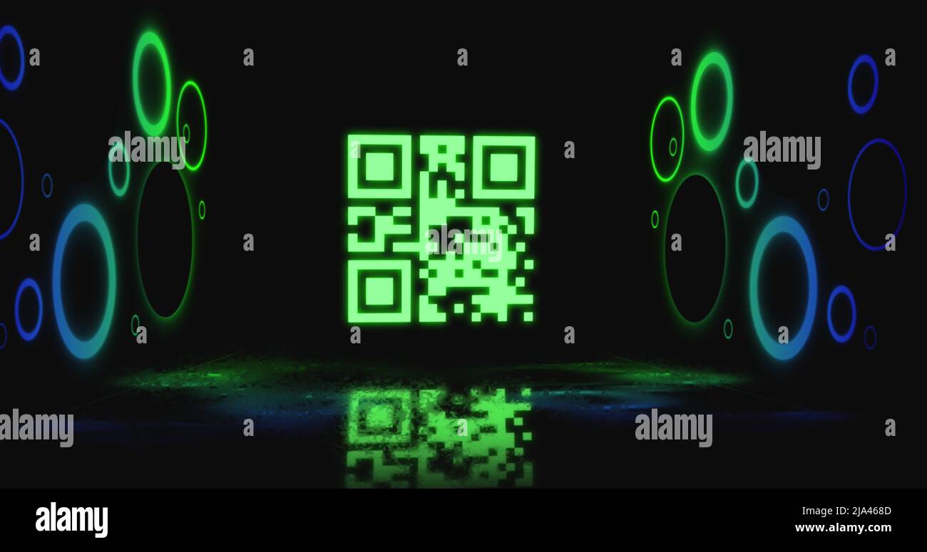 Image of neon qr code with circles over black background Stock Photo ...