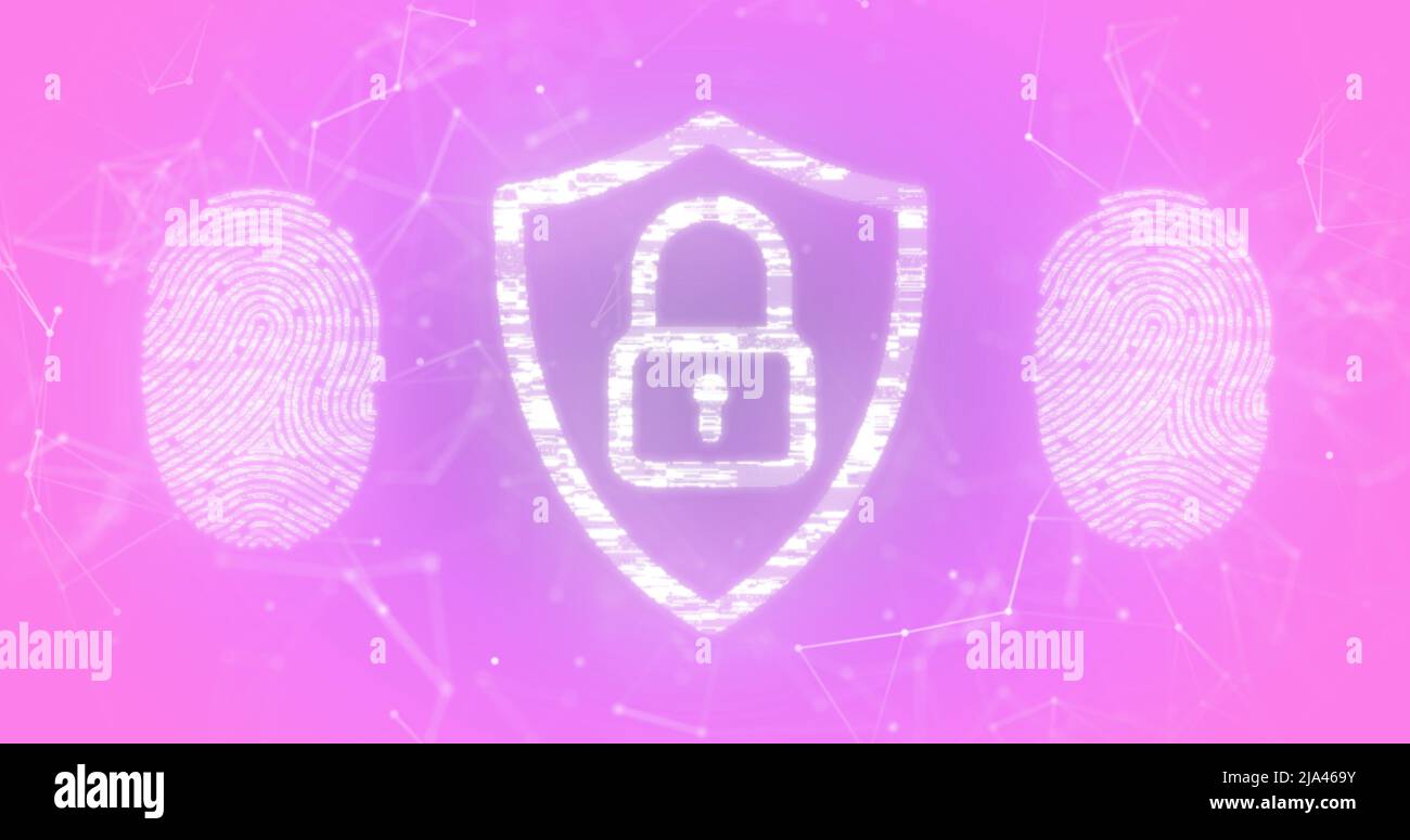 Image of padlock icon and fingerprint over pink background Stock Photo ...