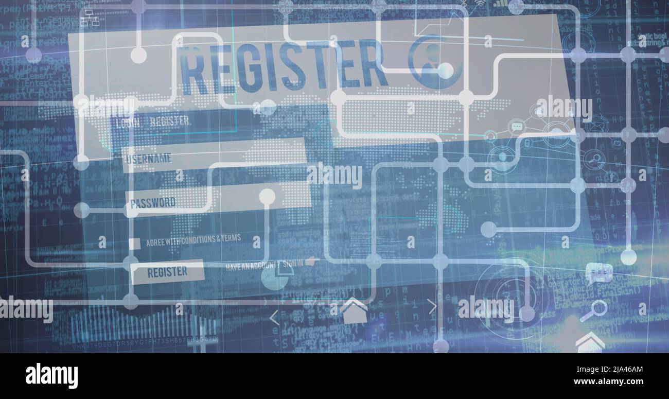 Image of network of connections over register card and data processing ...