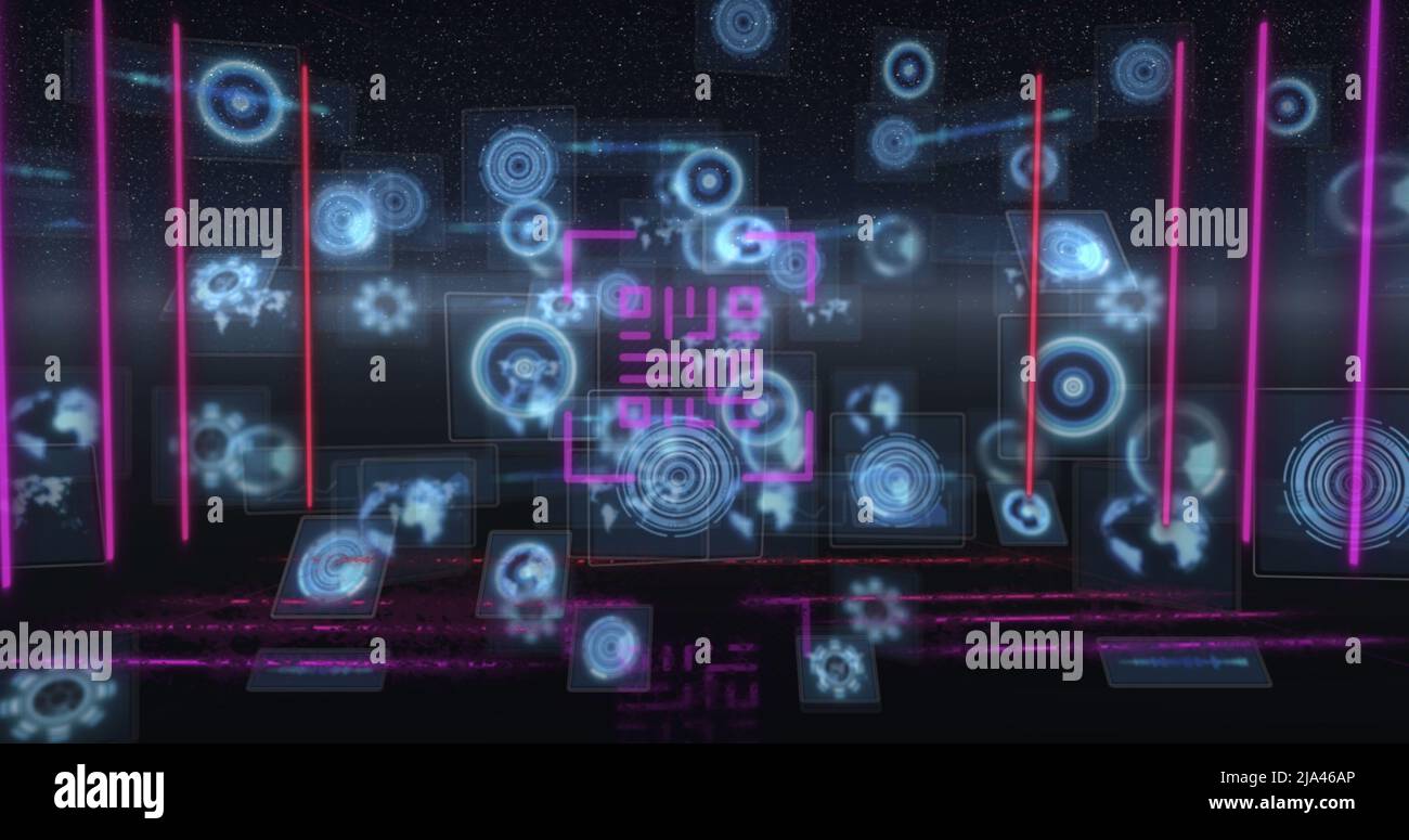 Image Of Neon Qr Code With Lines Over Data Processing And Scope