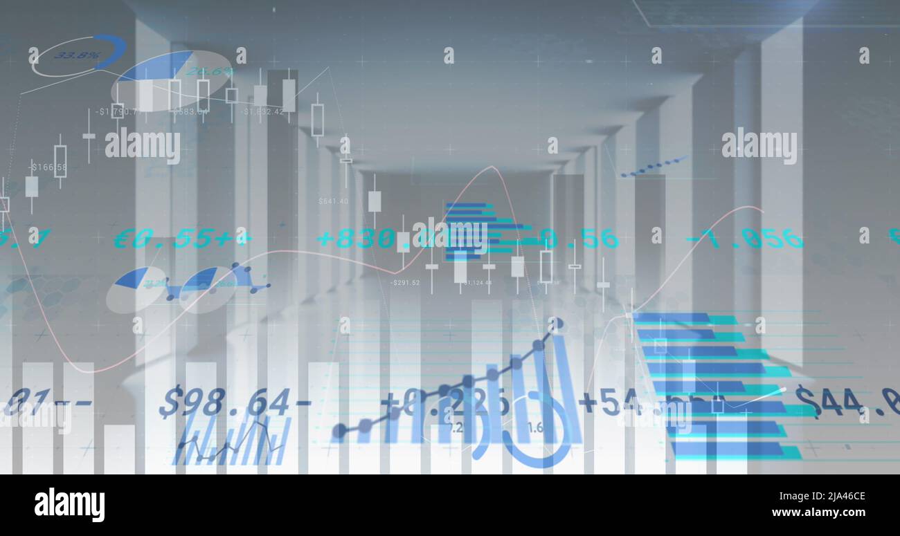 Image of financial data processing and stock market over server room ...