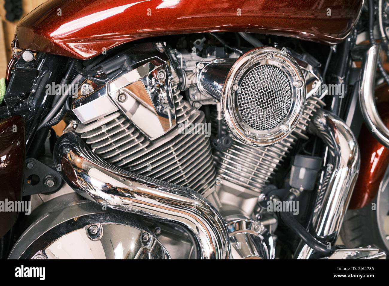 Closeup of a big shiny motorcycle engine Stock Photo - Alamy
