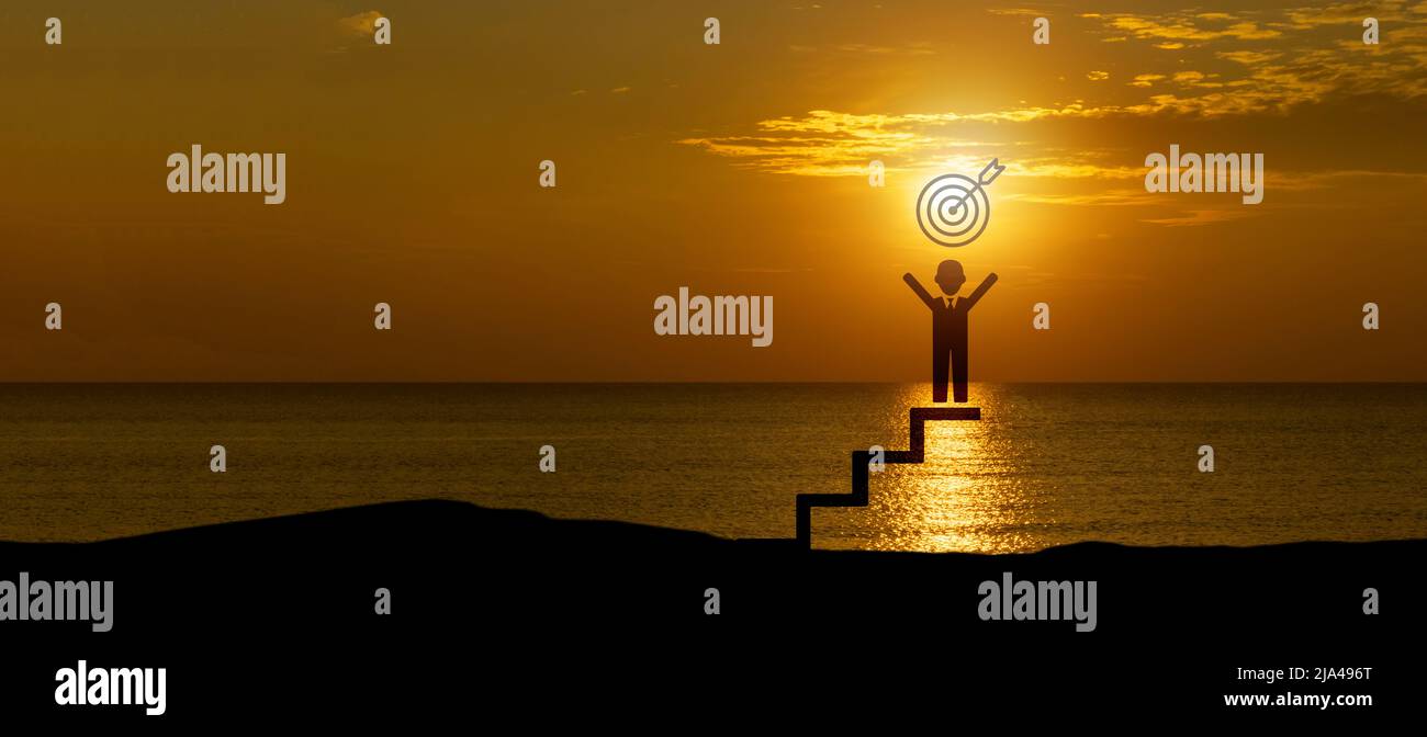 Silhouette of man icon holding a target board on top of ladder, concept ...