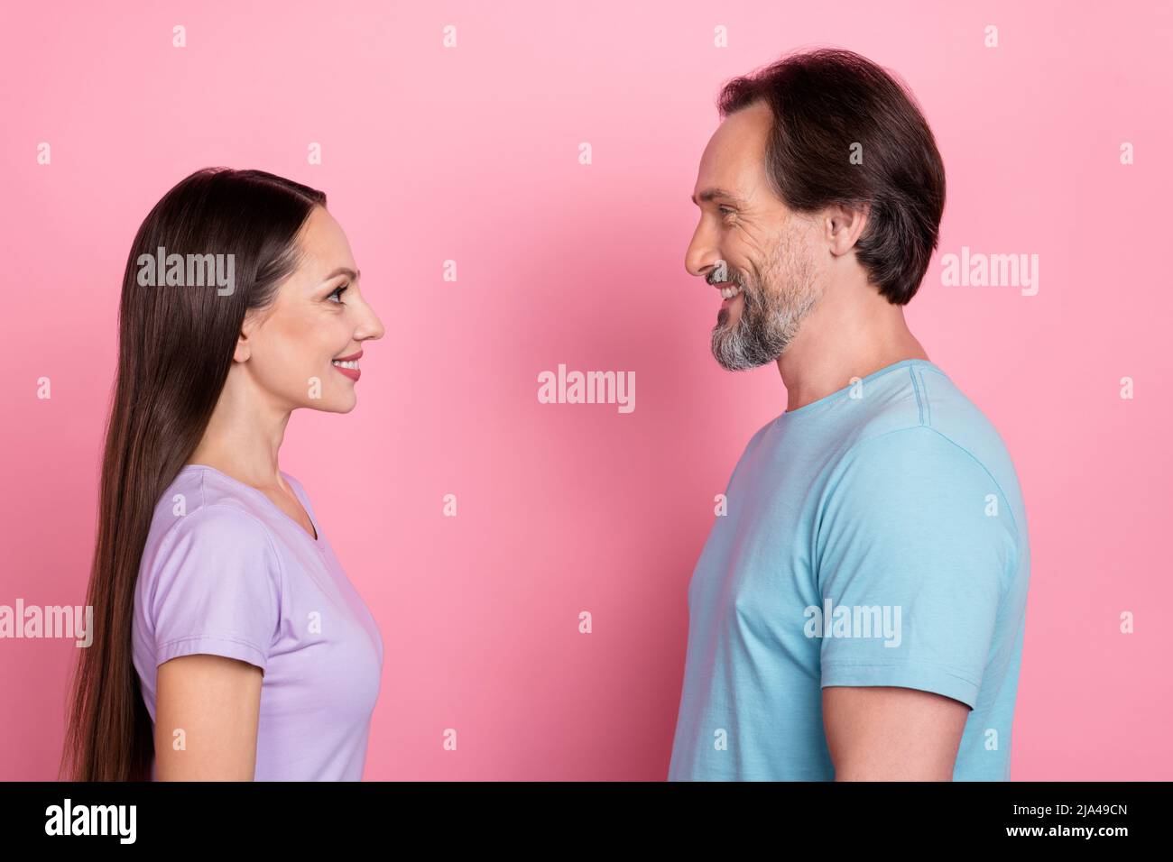 Profile photo of two peaceful positive partners toothy smile look eyes ...