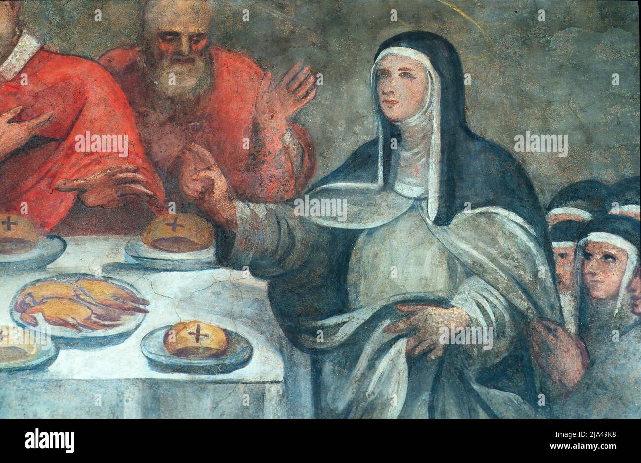 Clare of Assisi blessing bread at the behest of the Pope, fresco in the ...