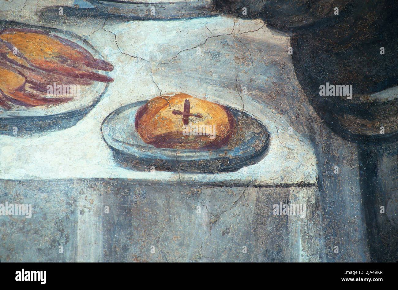 Clare of Assisi blessing bread at the behest of the Pope, fresco in the ...