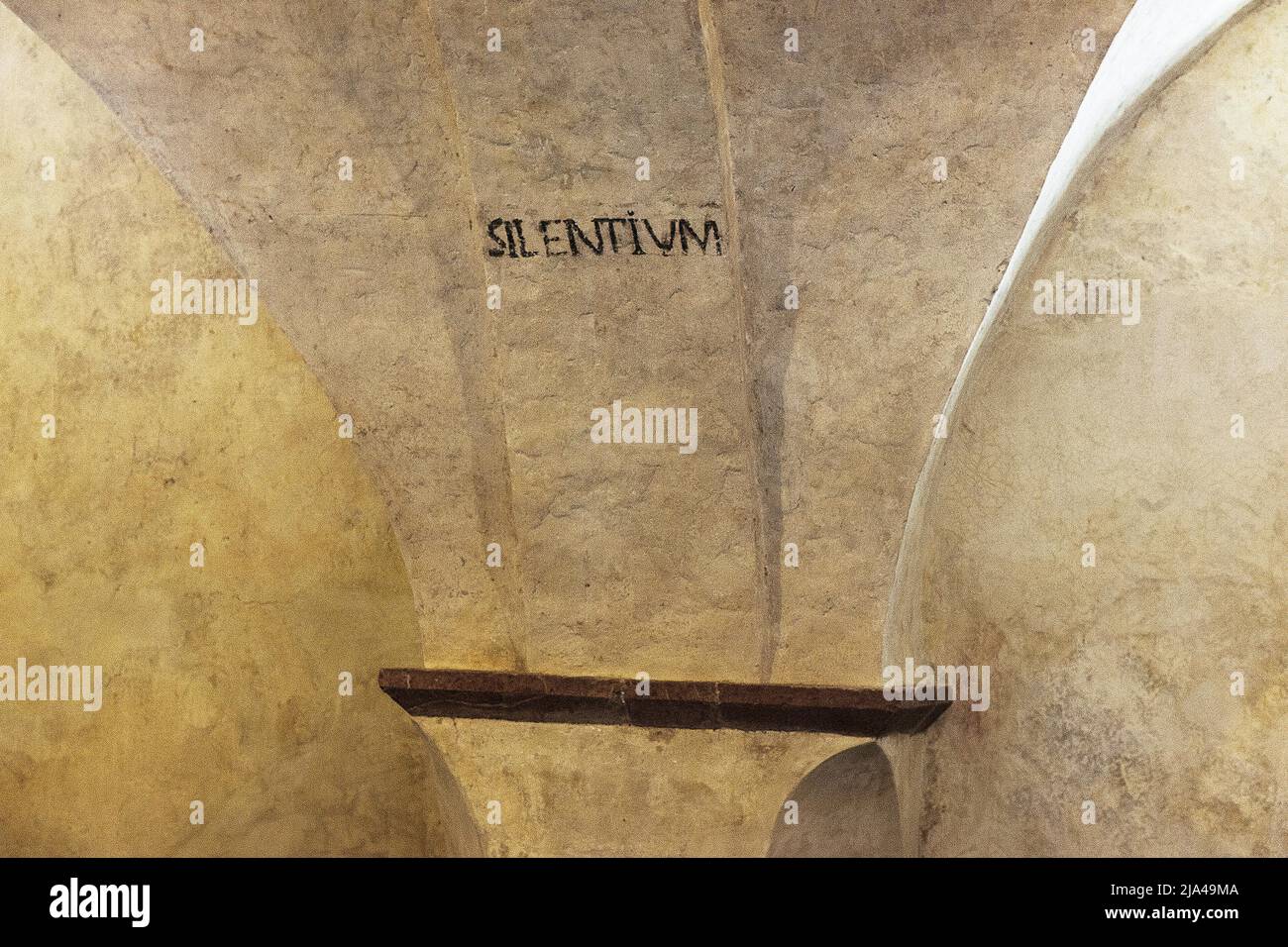 Inscription "Silentium" in the ancient refectory of the monastery of ...