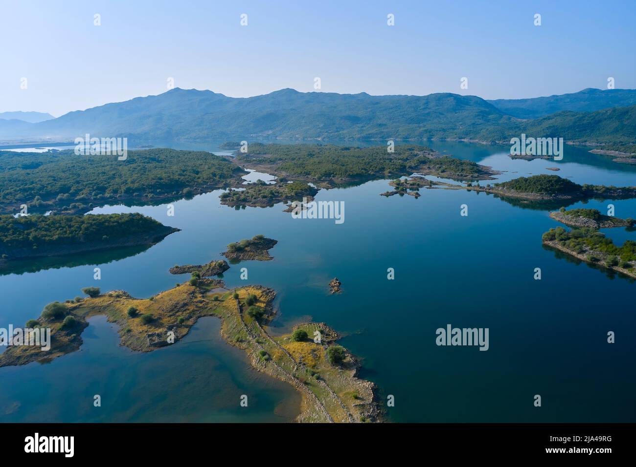 Aerial view of landscape with lake and mountains in Montenegro Stock ...