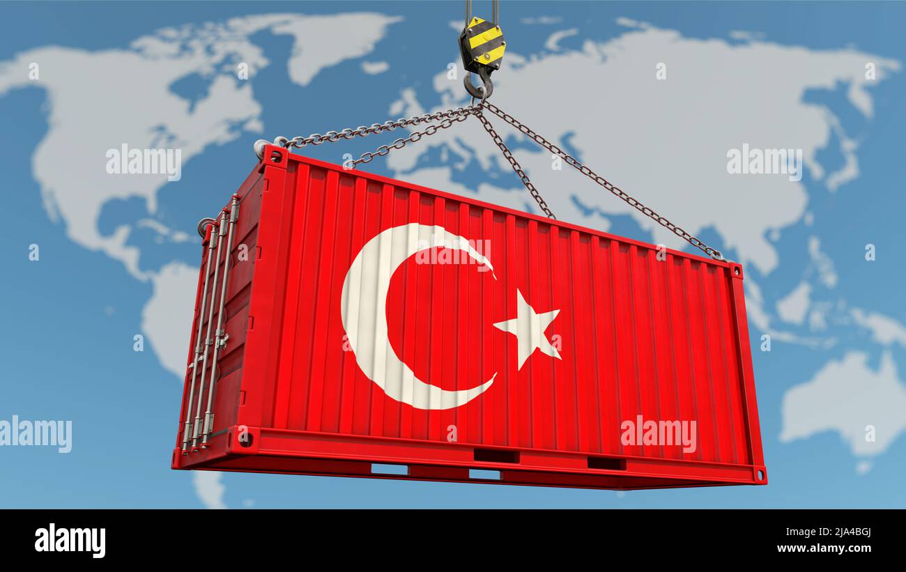 Turkish export economy - container with Turkish flag and world map in ...