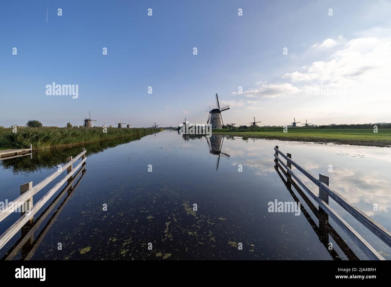 Horizontal picture of the famous Dutch windmills at Kinderdijk, a ...