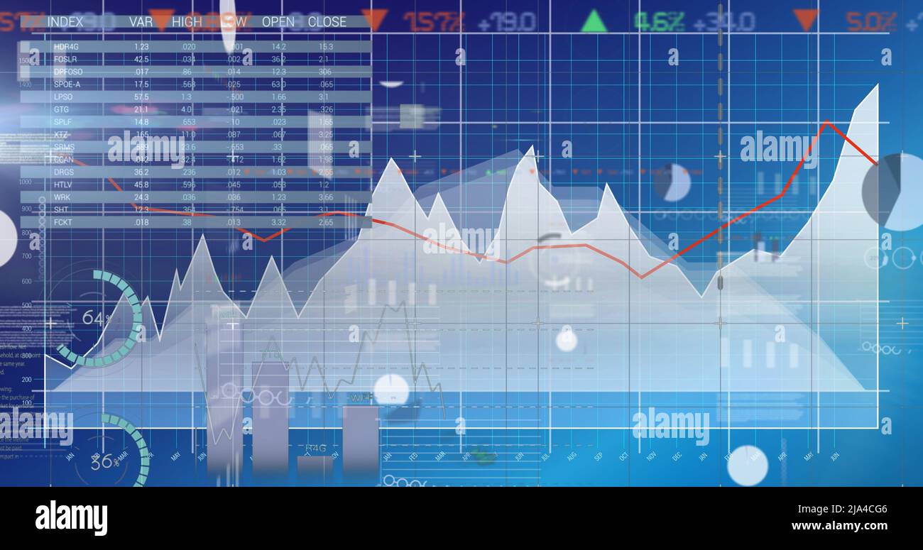 Image of data and graphs on blue background Stock Photo - Alamy