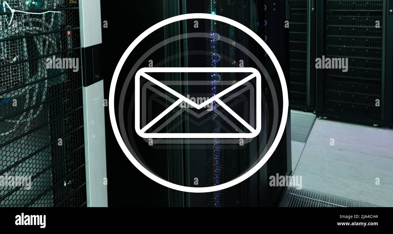 Message icon and data processing against computer server room Stock Photo - Alamy