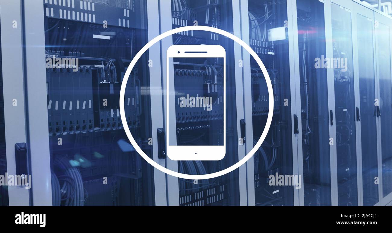 Image of smartphone icon and data processing over server room Stock ...