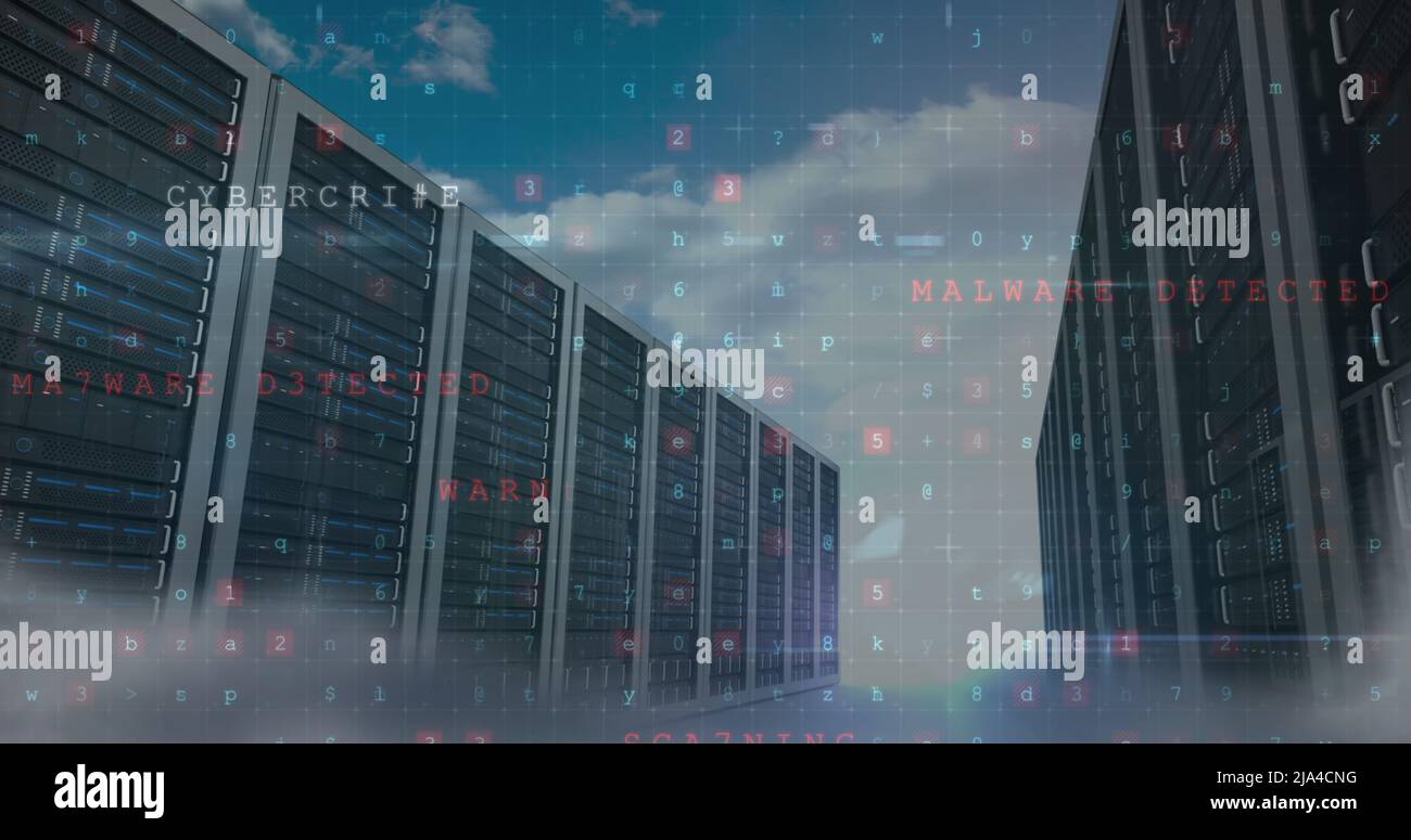 Image of cyber attack warning over sky and server room Stock Photo - Alamy