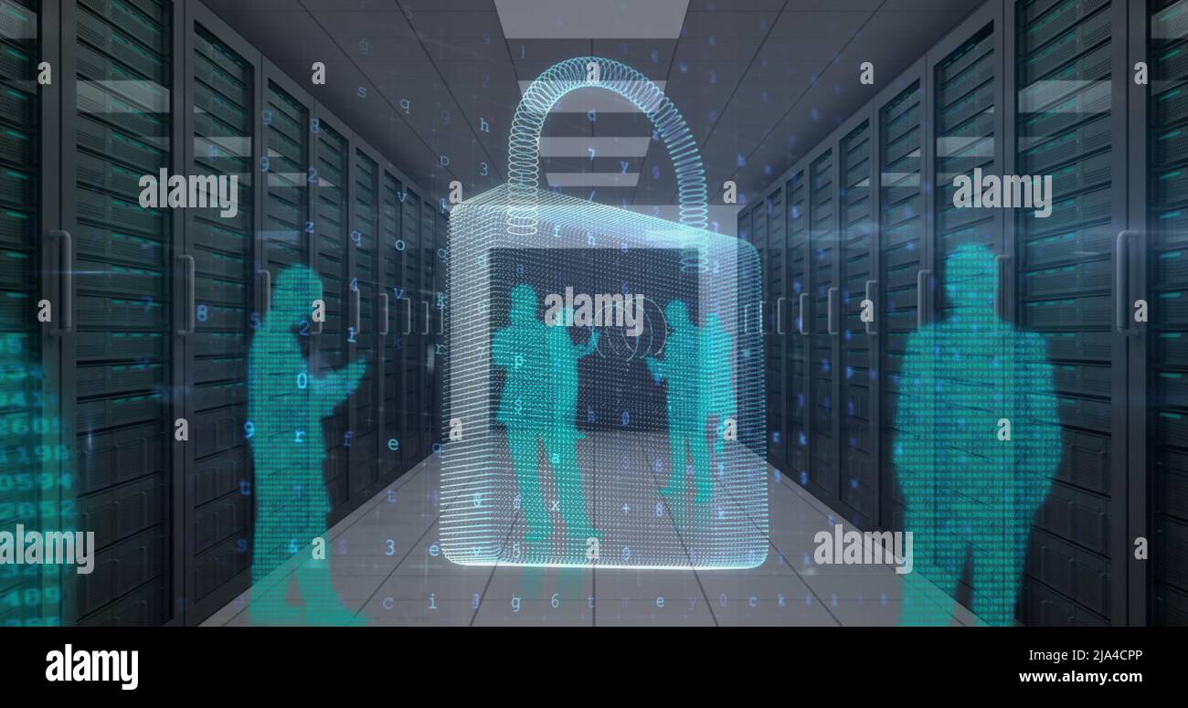 Image of cyber attack warning and padlock over silhouettes of people in ...