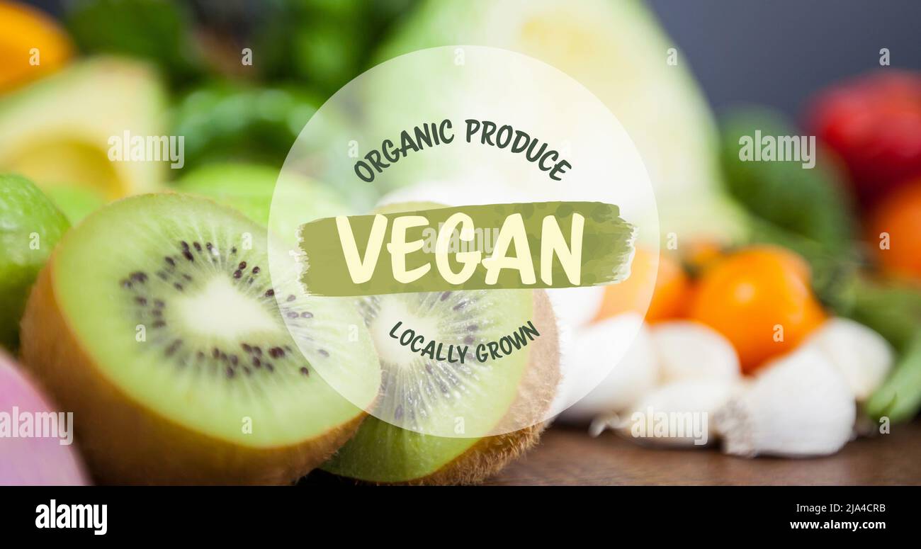 Image of organic produce text over fresh fruit Stock Photo - Alamy