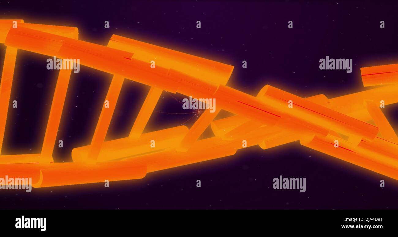 Image of orange dna strand spinning with orange light trails on black ...