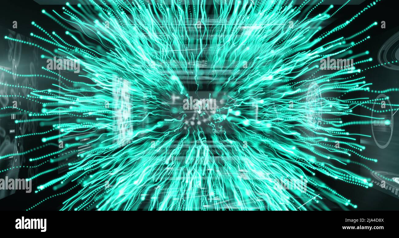 Image of dna strand spinning and scientific data processing with blue ...